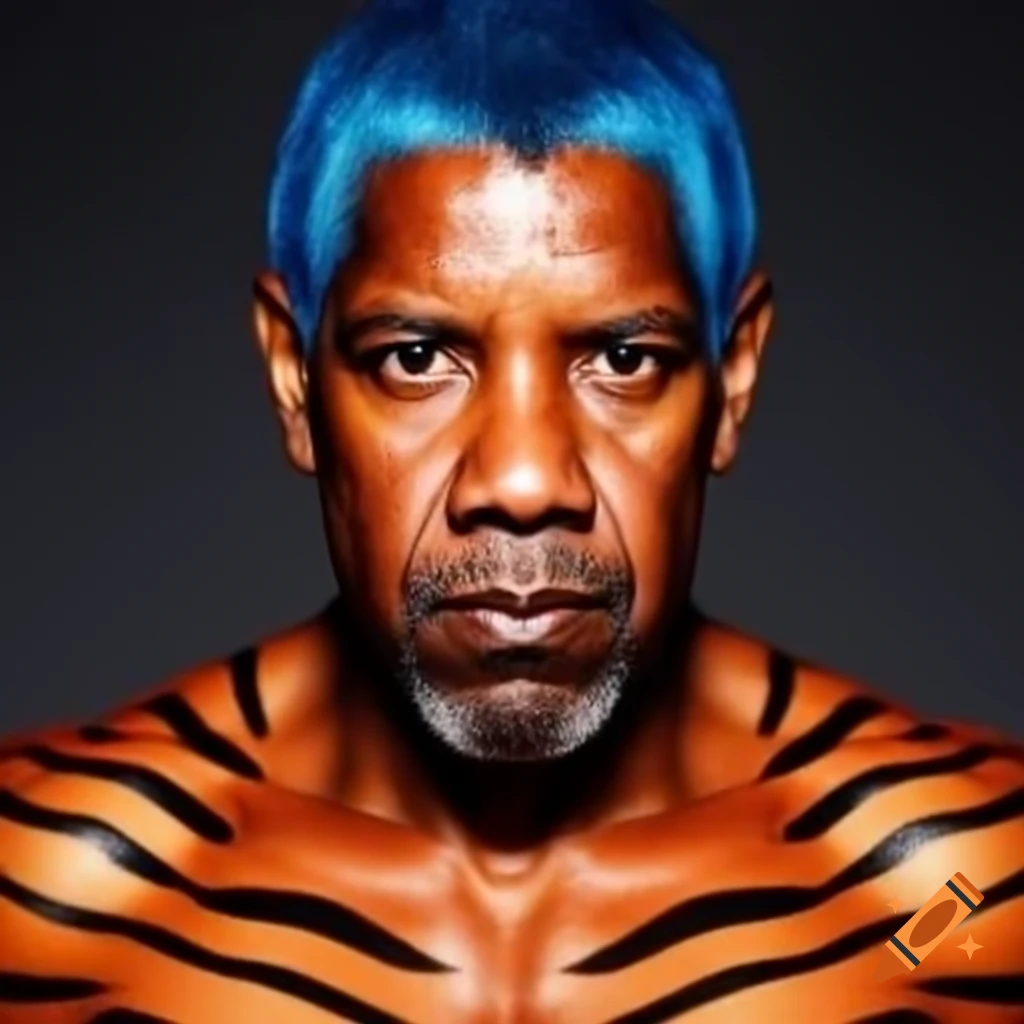 Muscular man with tiger-style makeup and blue hair, striking pose on ...