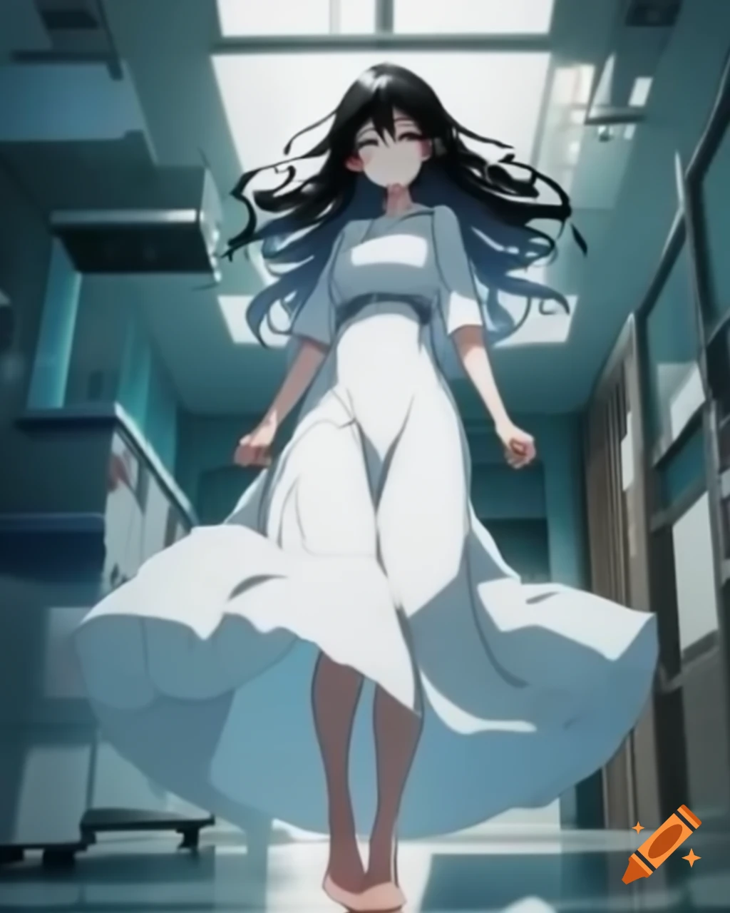 Anime ghost girl with black hair in white dress floating in a hospital ...