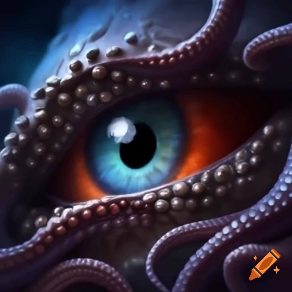 Monster-eye with tentacles traversing space-time rift in the sky on Craiyon