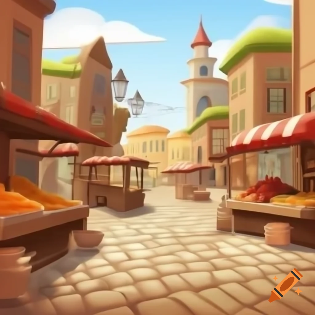 Cartoon town square with tan cobblestones and market booths selling ...