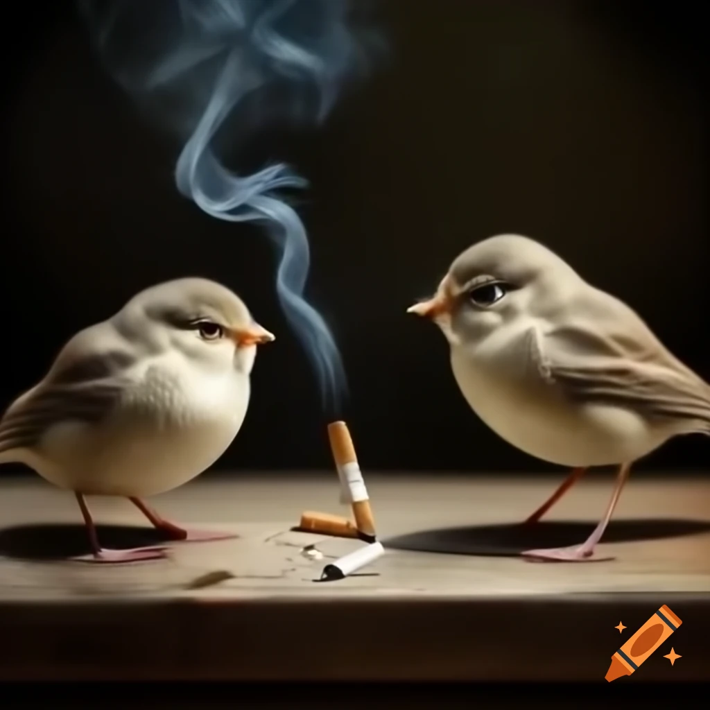 Two birds in an old-time setting, one smoking a cigarette on Craiyon