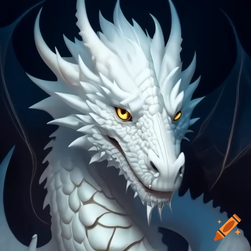 Anime-style headshot of a majestic white dragon with piercing yellow ...