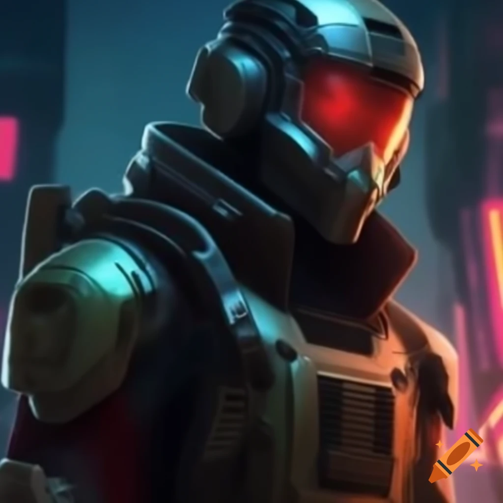 Covert operative in red cybernetic armor navigating cyberpunk landscape ...