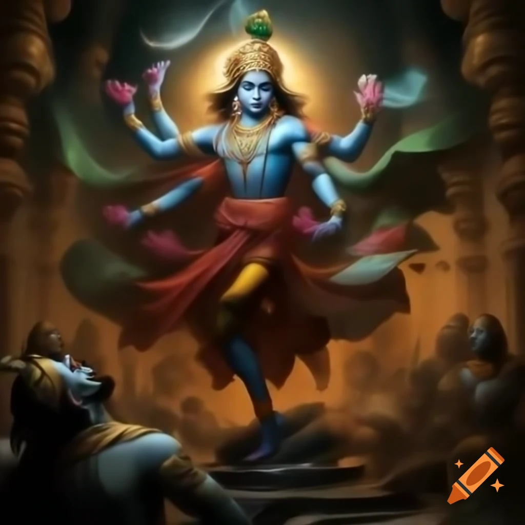 Lord Krishna wielding Sudarshan Chakra in divine act of justice on Craiyon