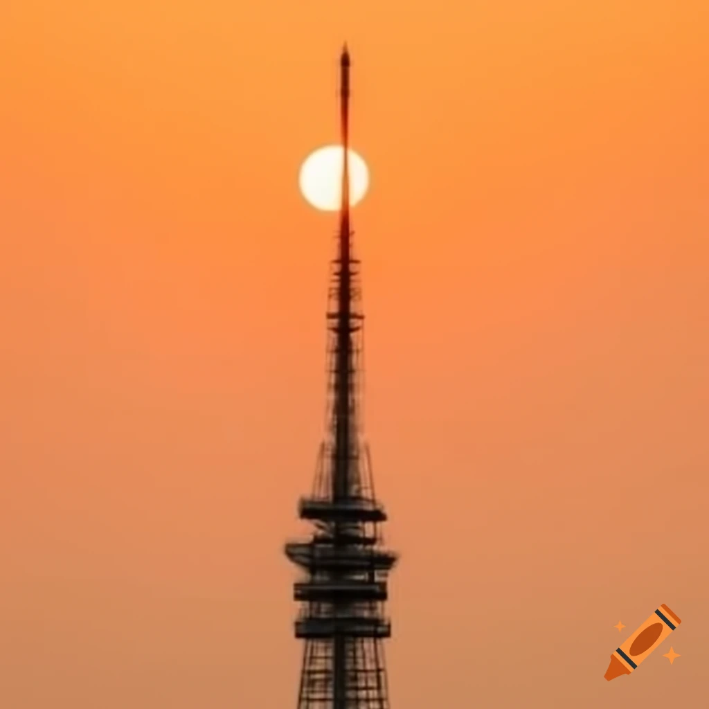 Radio tower silhouette against pale orange sunrise background on Craiyon