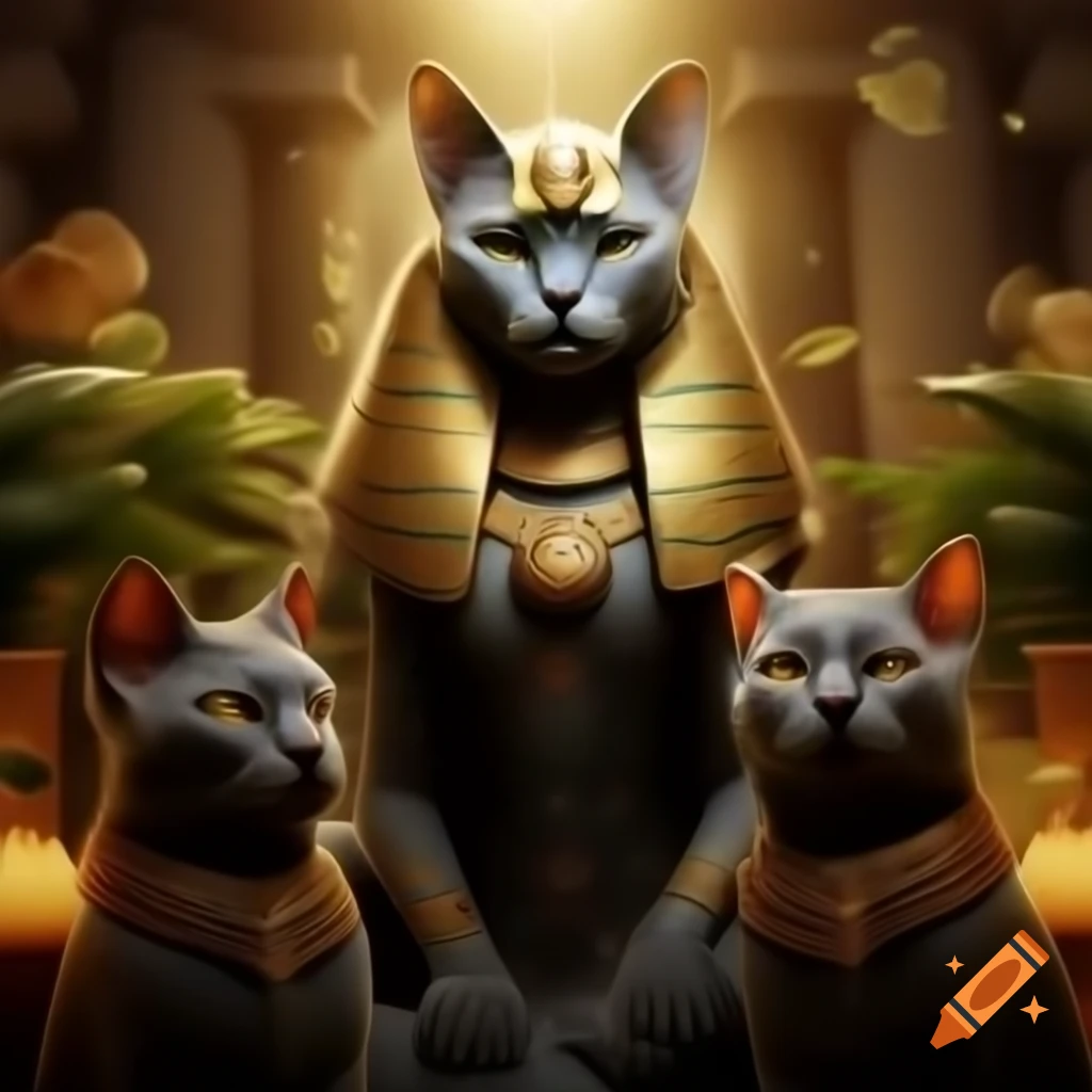 Majestic cat goddess surrounded by smaller cats in reverent prayer on ...