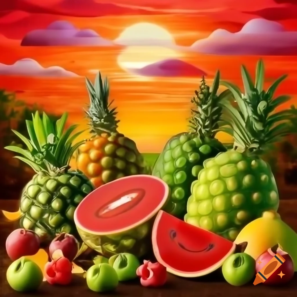 Vibrant puzzle of exotic fruits against sunset with rich colors on Craiyon