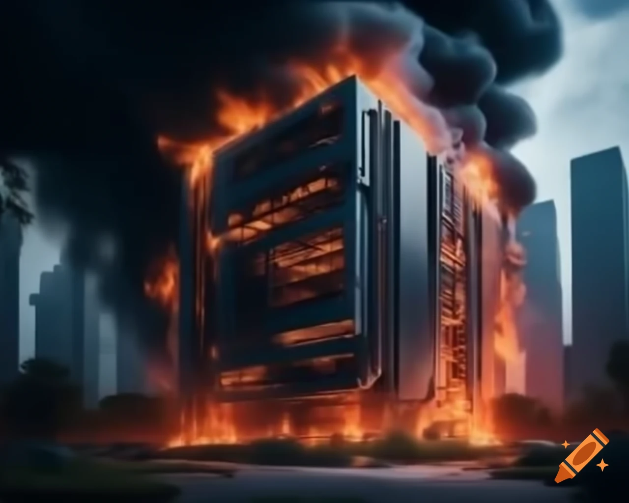 Chinese cyber-tech building engulfed in flames on Craiyon