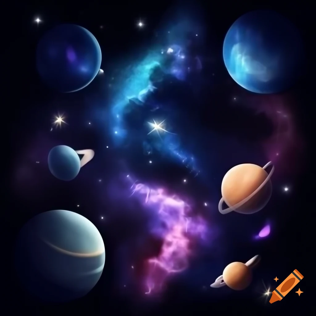 Cosmic theme with galaxy designs, starry nights, moons, and planets on ...