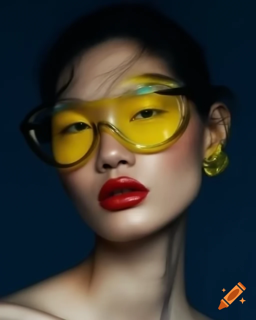 Female model wearing retro yellow clear lens glasses with blue light on ...