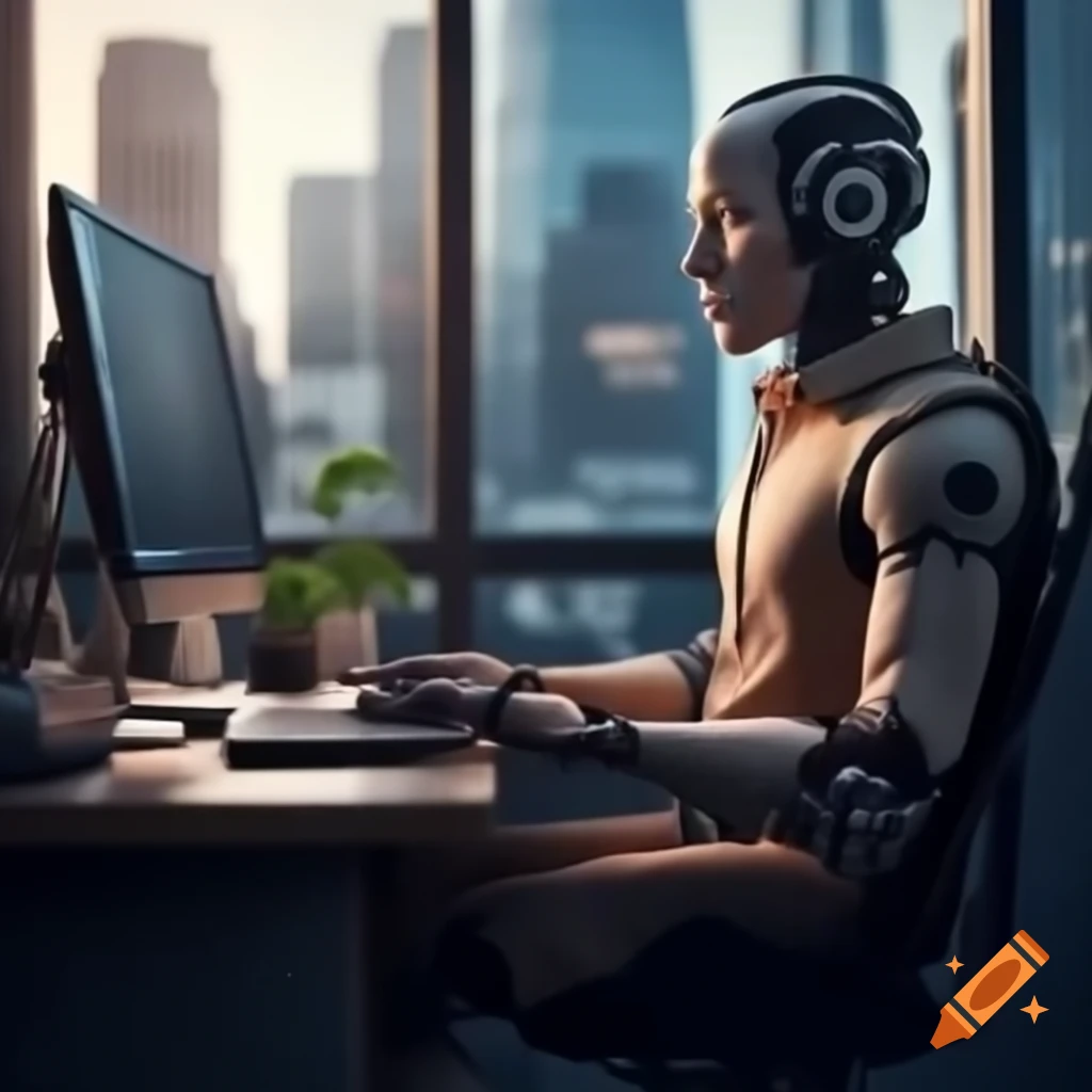 Humanoid robot in casual clothing working on a computer in modern ...