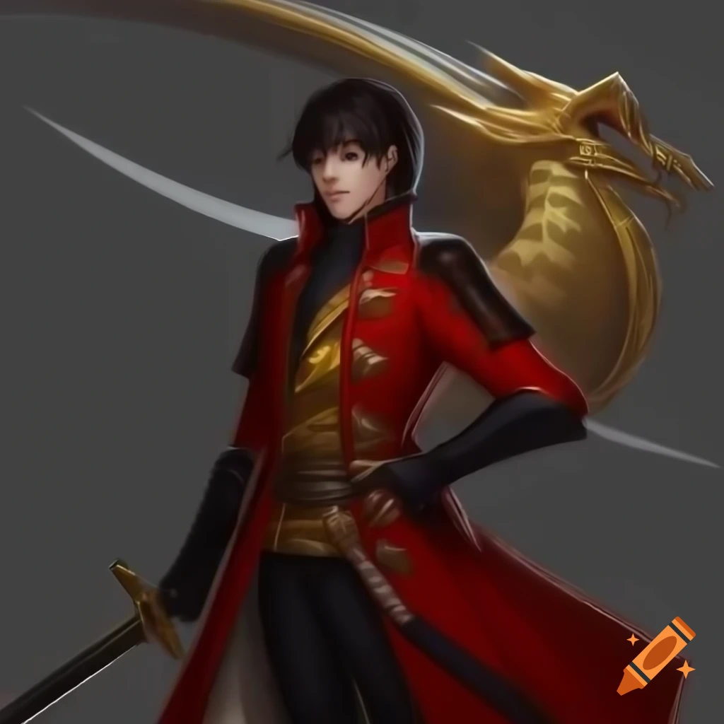 Character concept art of a human swordsman in red coat with golden ...