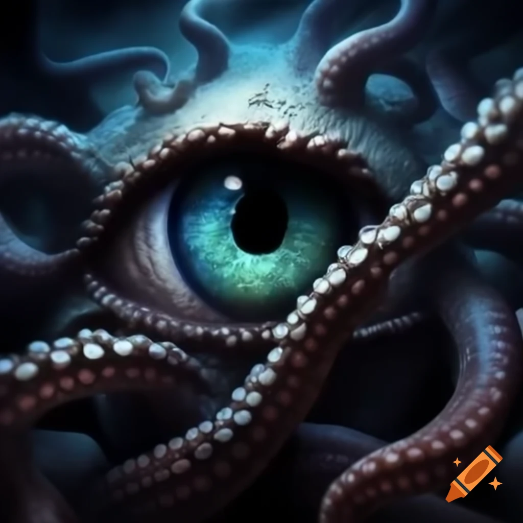 Monster-eye with tentacles traversing space-time rift in the sky on Craiyon