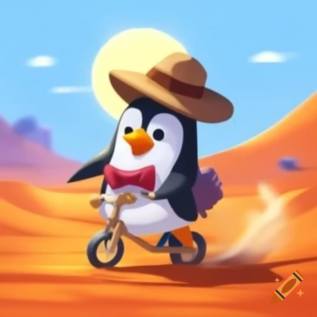 Dapper penguin in bow tie cycling across sahara desert on Craiyon