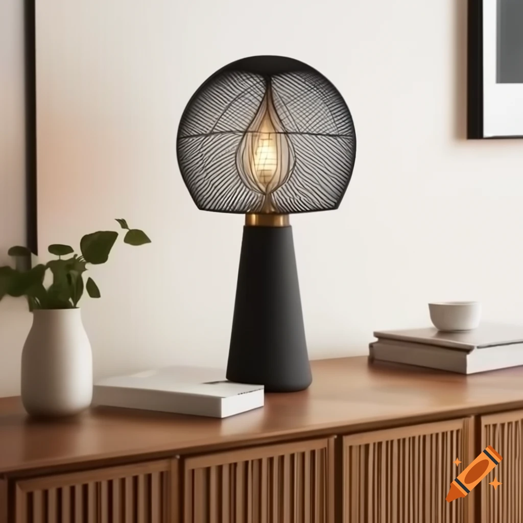 Cozy room with black wire mesh lamp on modern wooden table illuminated ...