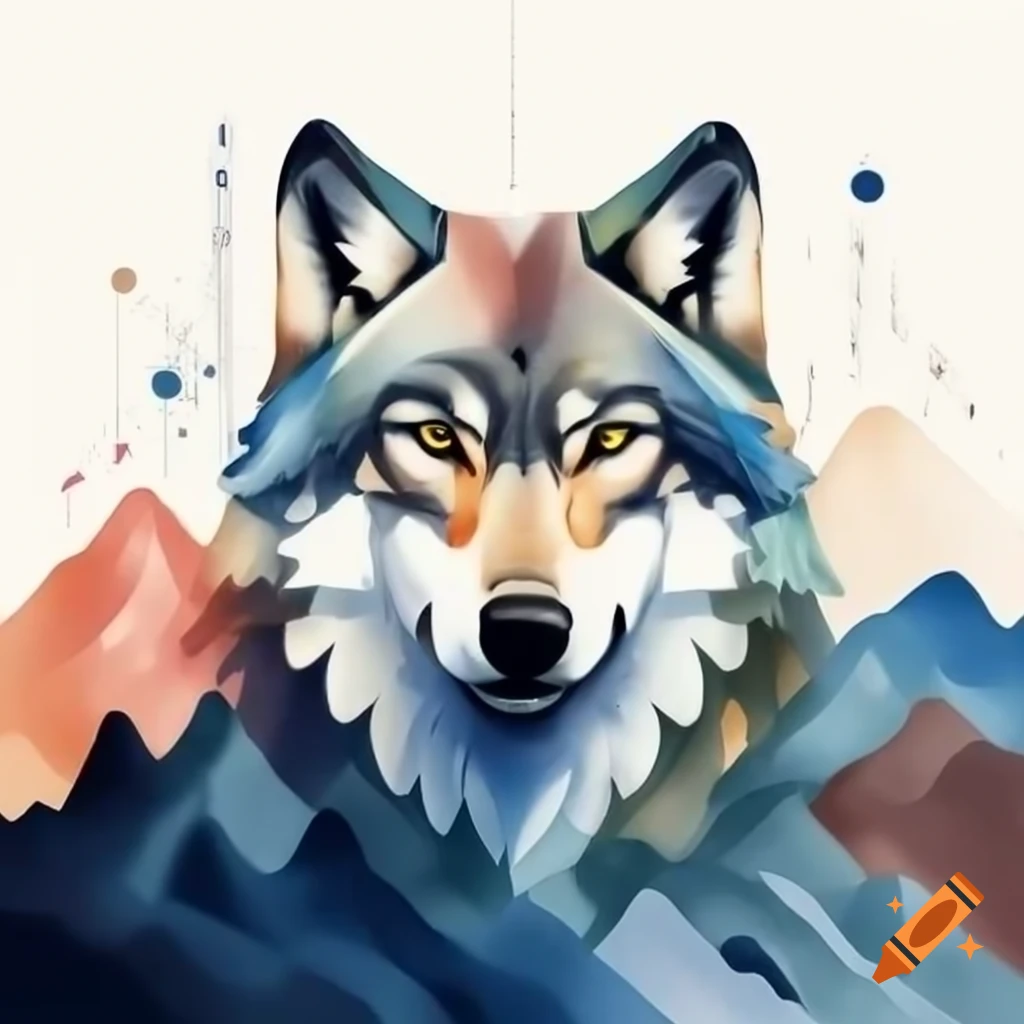 Abstract multi-colored wolf face in mountain landscape on Craiyon