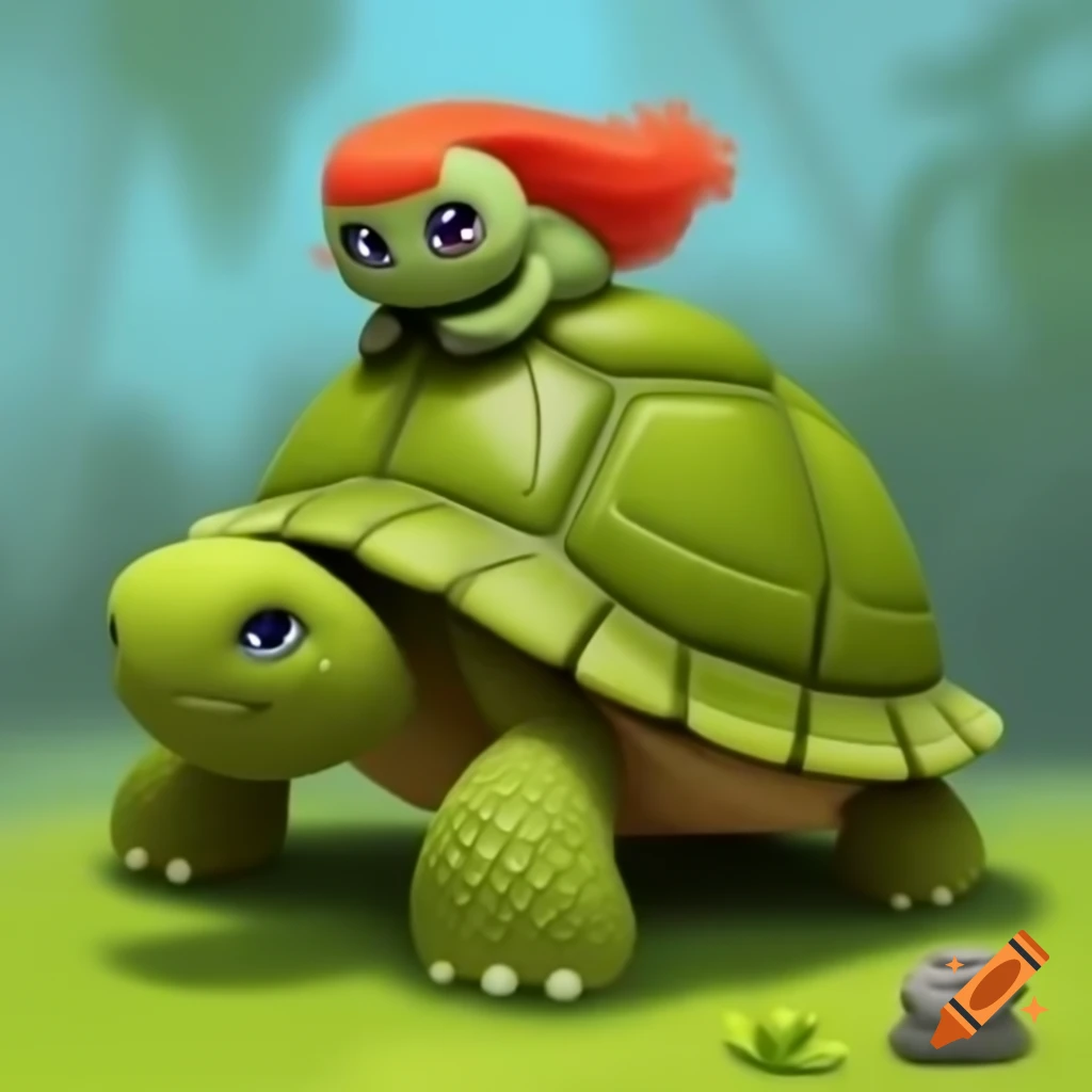 Whimsical green turtle-like creature with red hair singing with cartoon ...