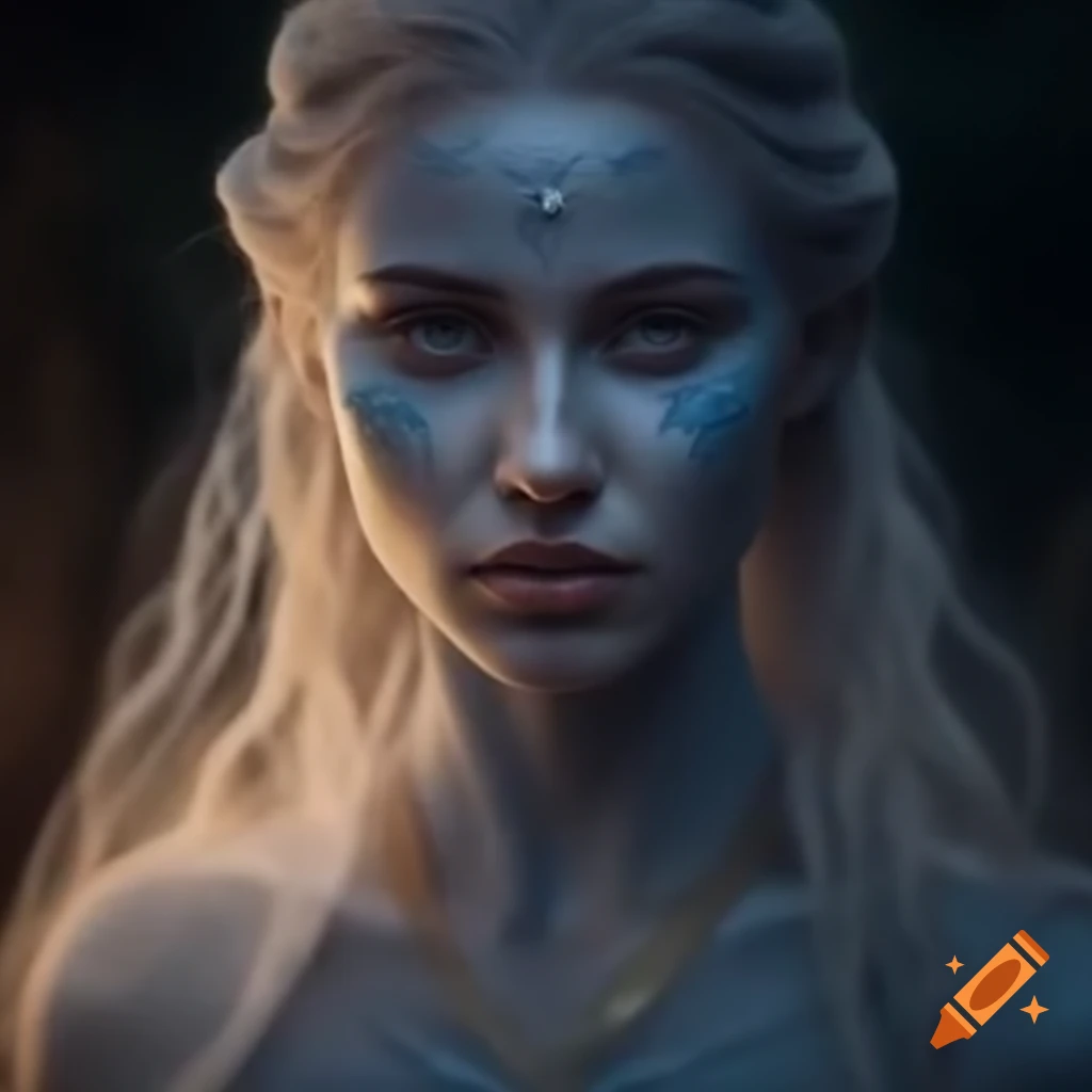 Full-body elf woman with braided white hair and blue eyes in medieval ...