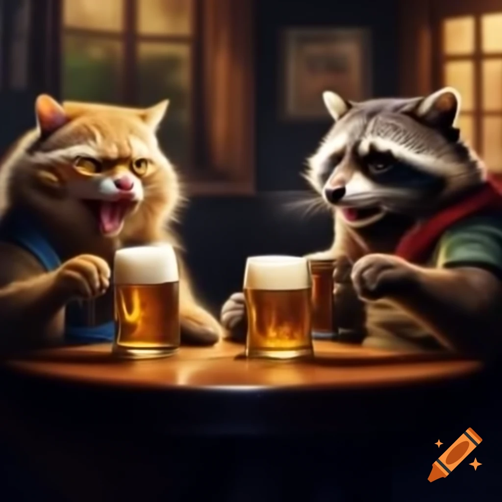 Angry cat yelling at laughing raccoon with beer mugs at table on Craiyon