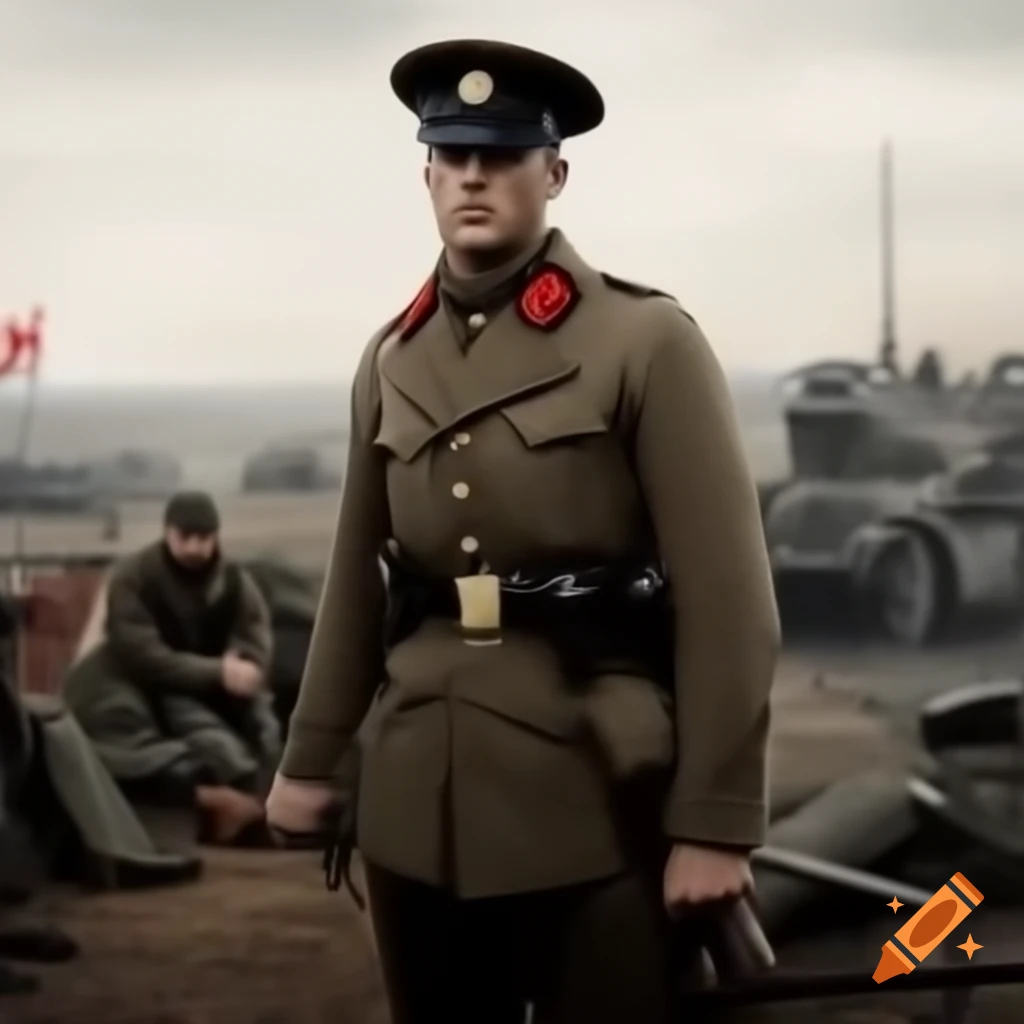 Canadian soldier in World War I uniform standing in trench with war ...