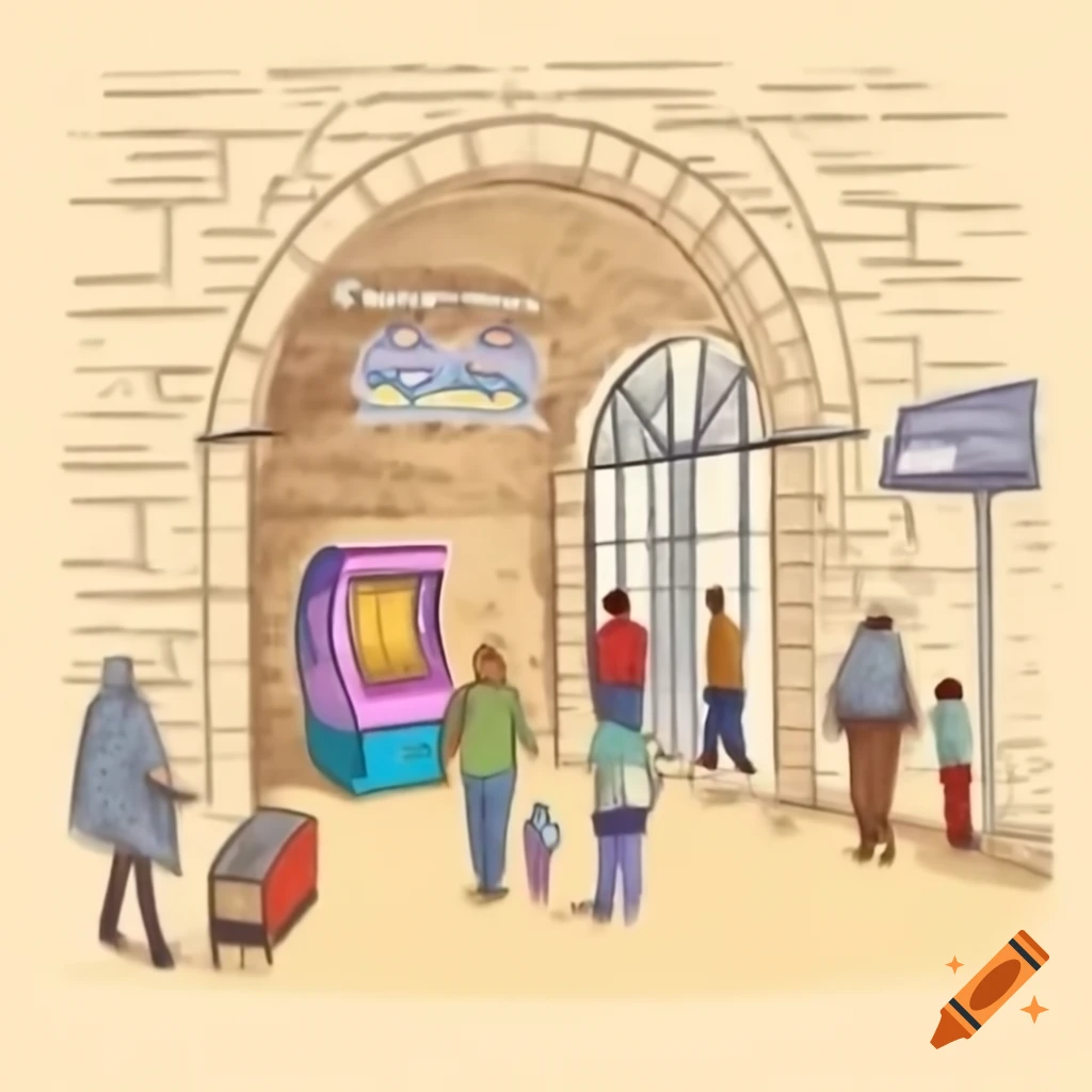 Child and grandmother playing arcade machine in stone arcade, pencil ...