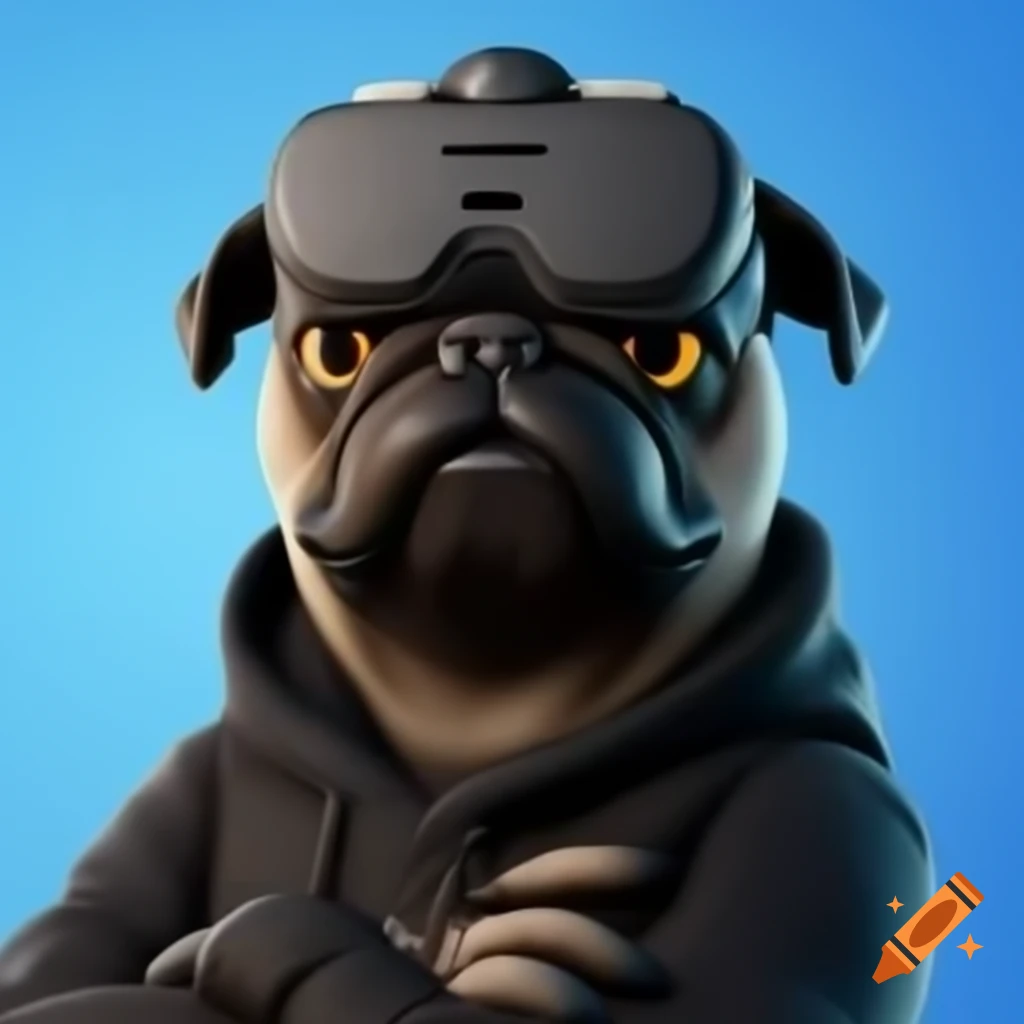 Pug character from fortnite wearing black hoodie and vr headset on Craiyon