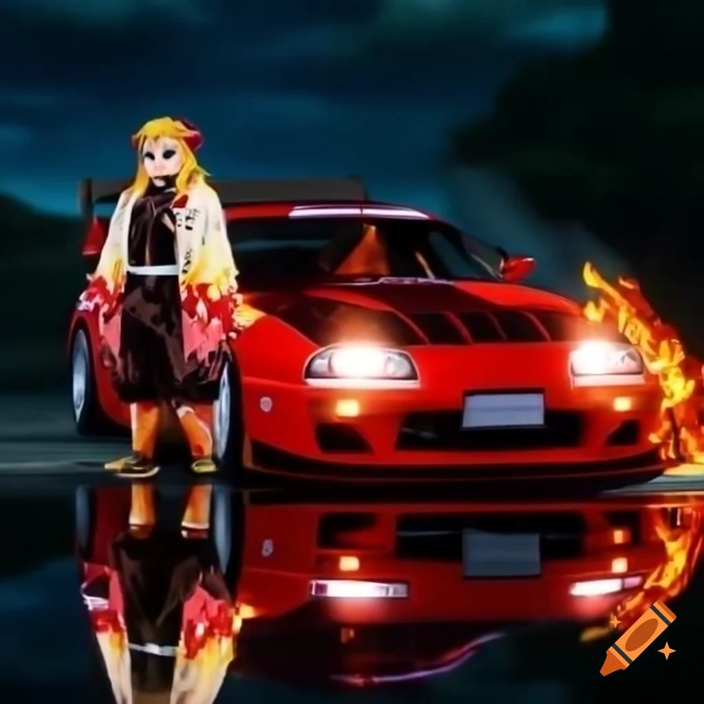 Kyojuro Rengoku from Demon Slayer alongside his vibrant red Toyota ...