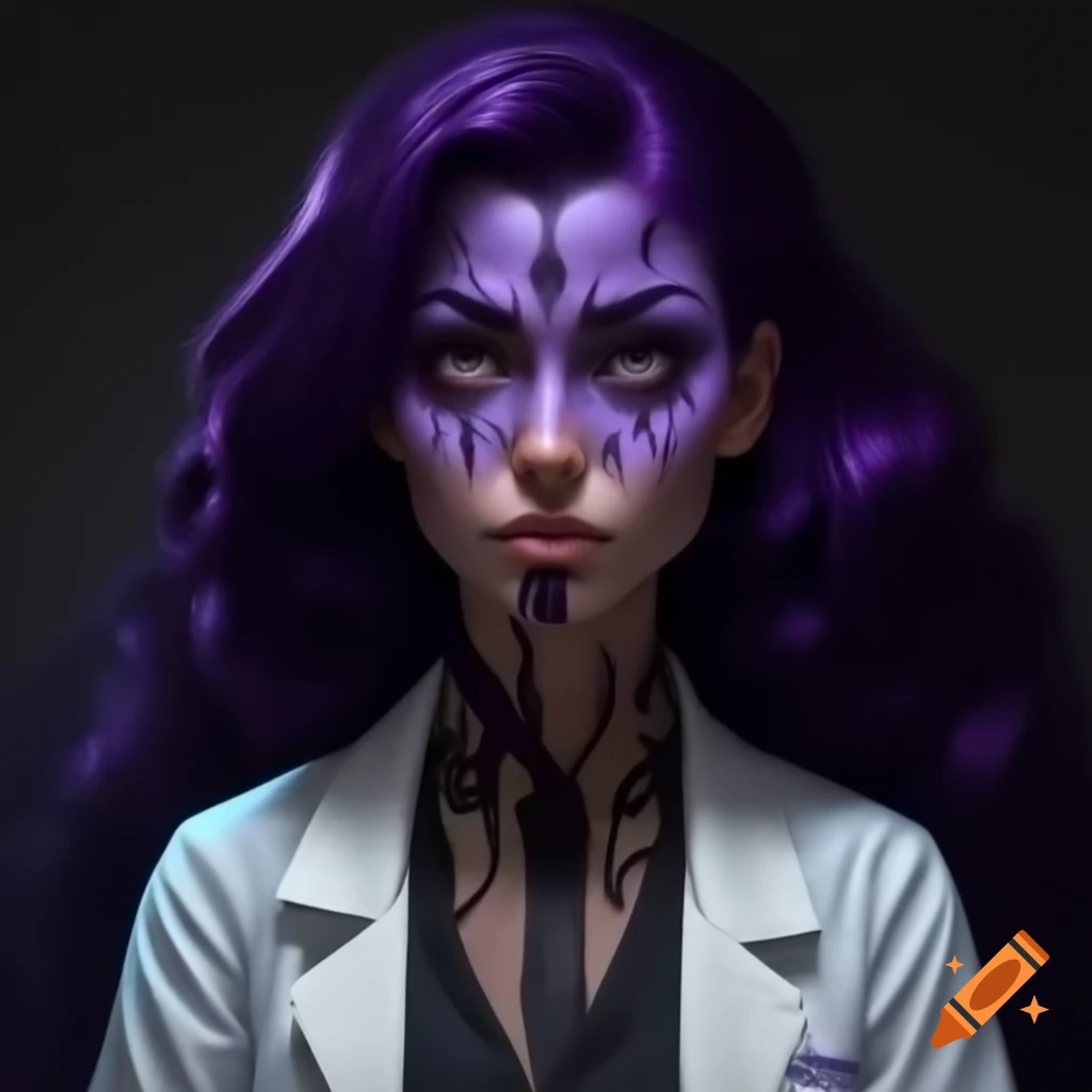 Mad scientist woman in revealing dark attire and lab coat with scars on her face on Craiyon
