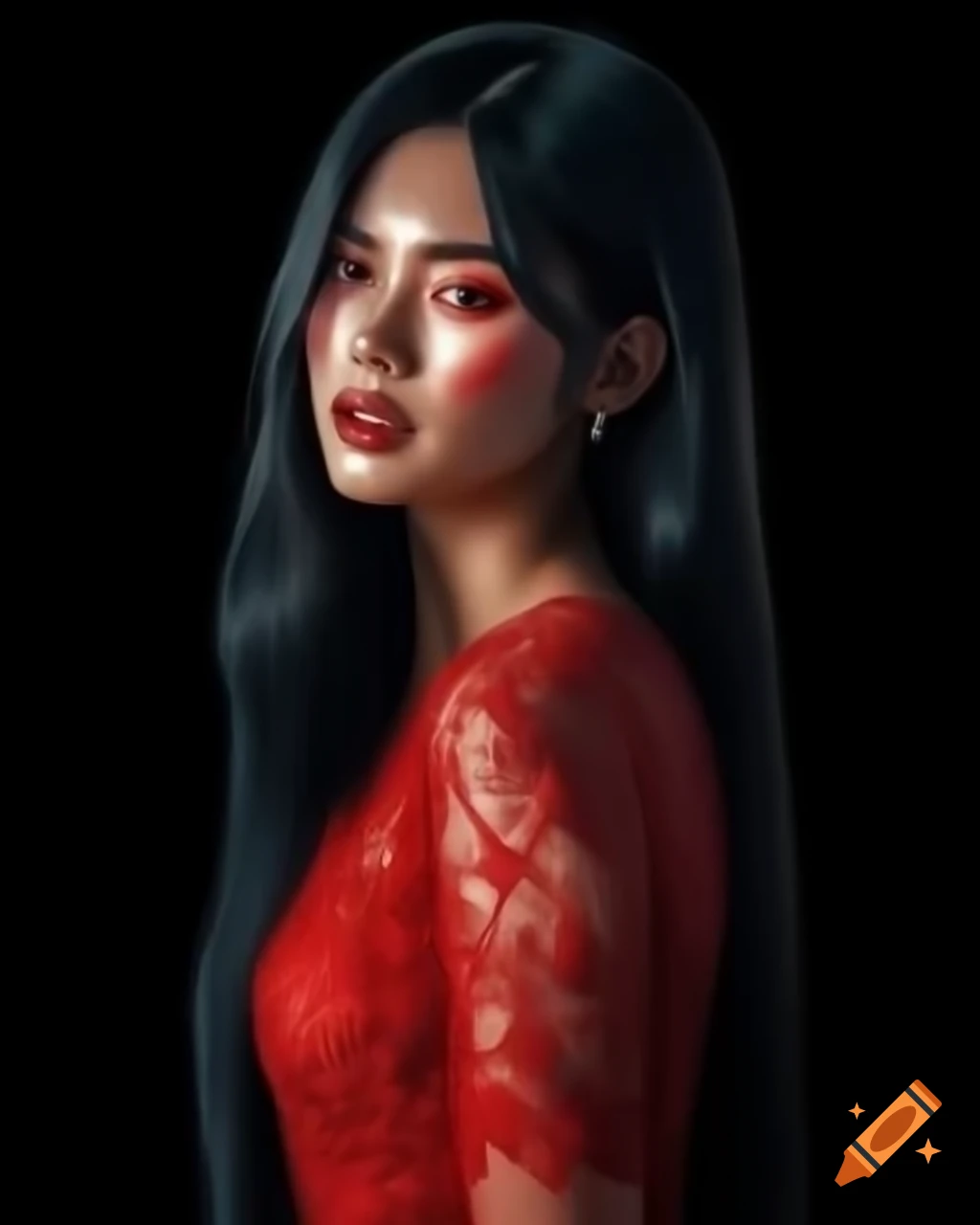Hyper-realistic airbrush of indonesian woman in red lace dress against ...