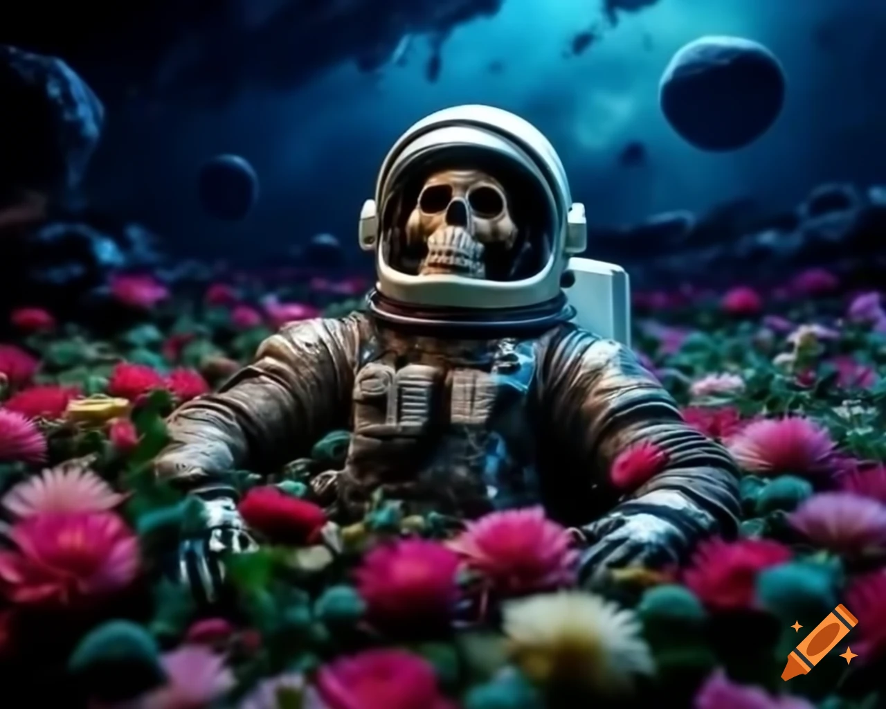 Astronaut skull in helmet surrounded by flowers on alien planet on Craiyon