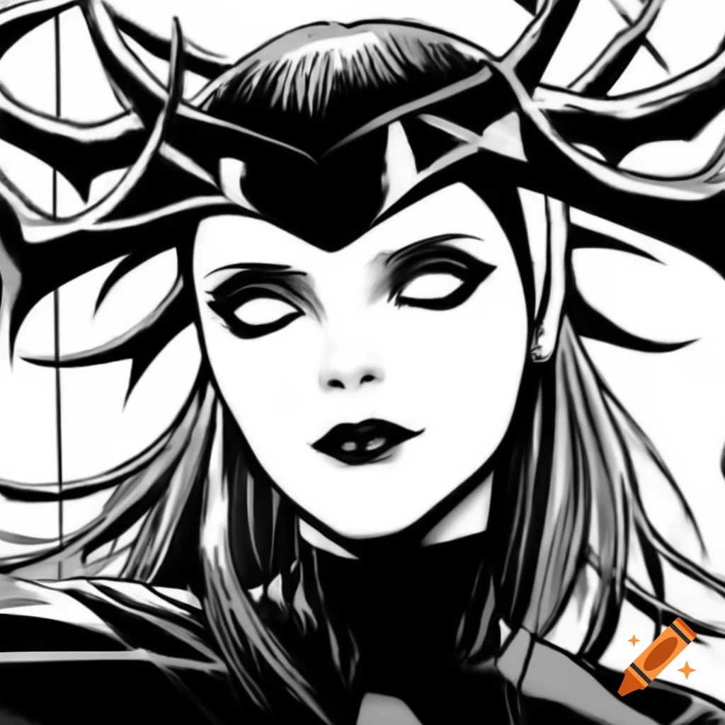 Hela character illustrated in black and white manga style on Craiyon