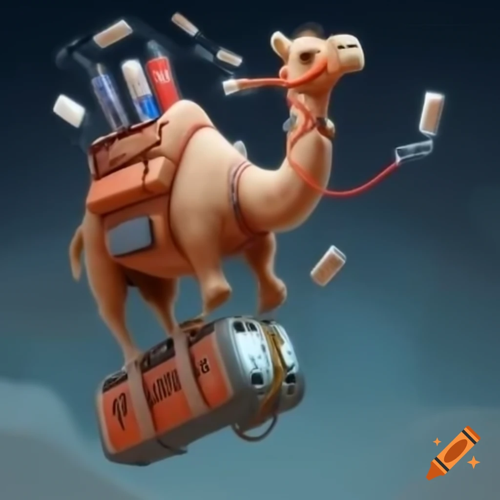Whimsical flying camel with batteries and electrical energy on Craiyon
