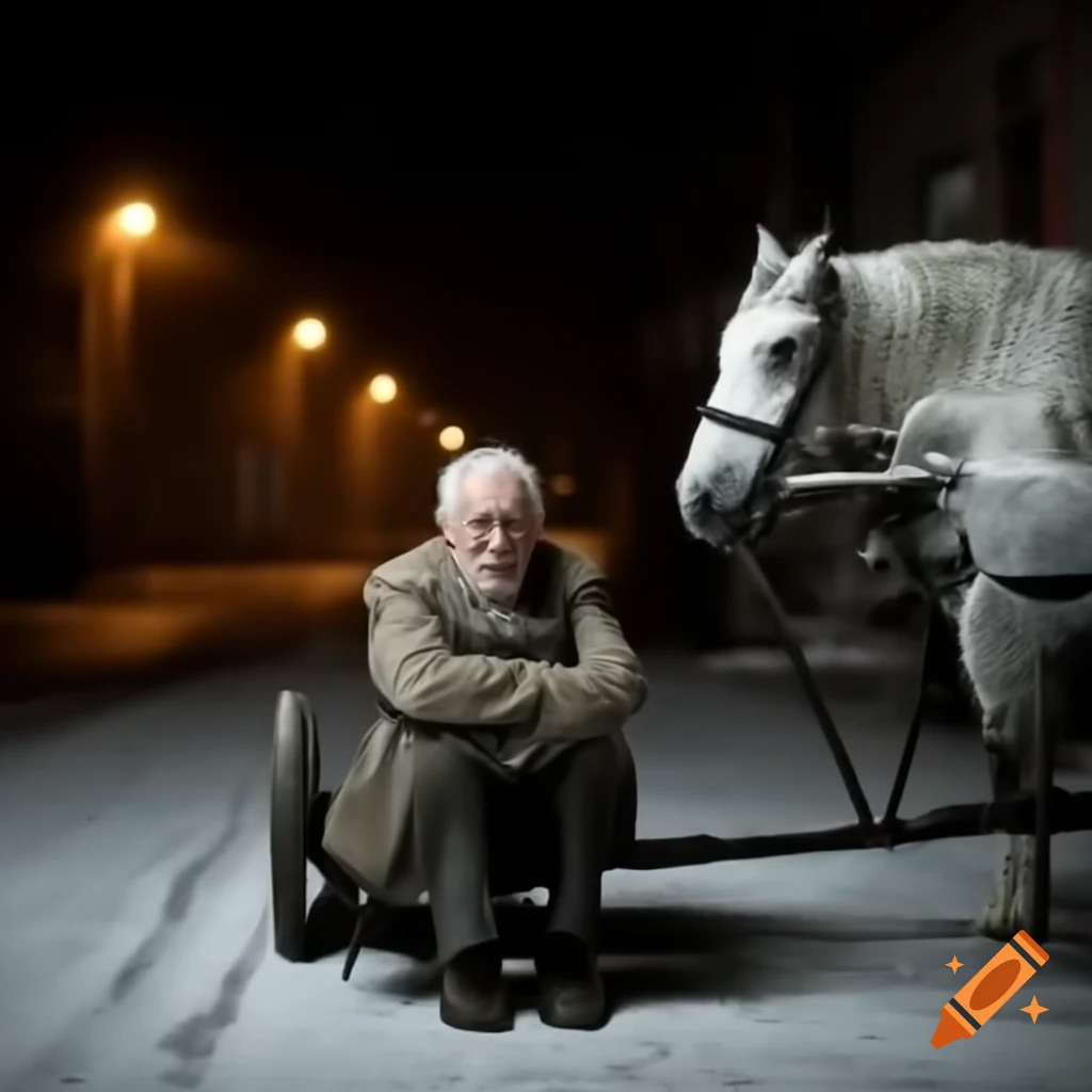 Old coachman with white horse in snowy street at night, conveying ...