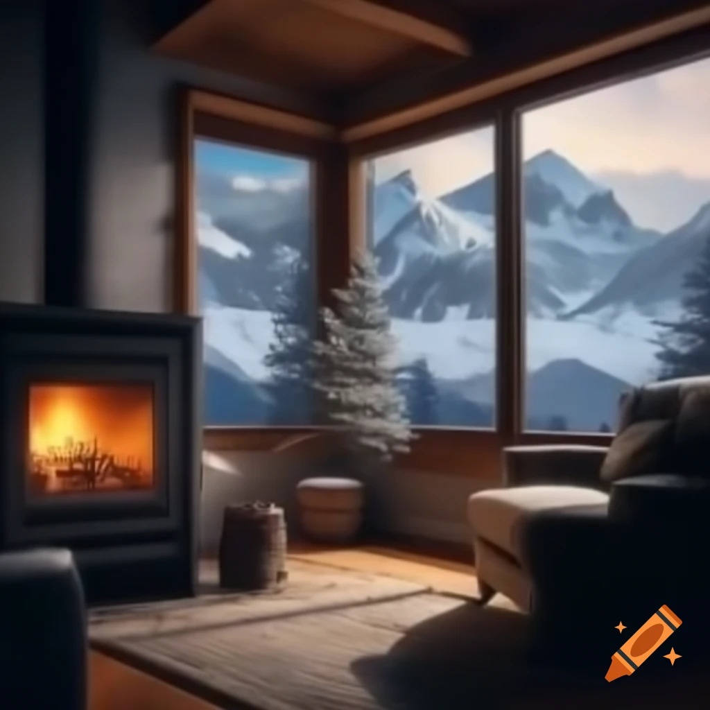 Cozy room with fireplace and mountain view featuring snow and trees on Craiyon
