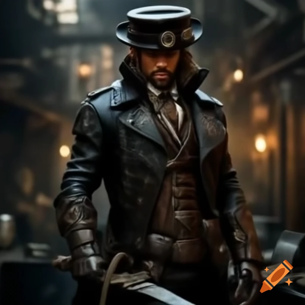 Steampunk swordsman in intricate outfit and weapons on Craiyon