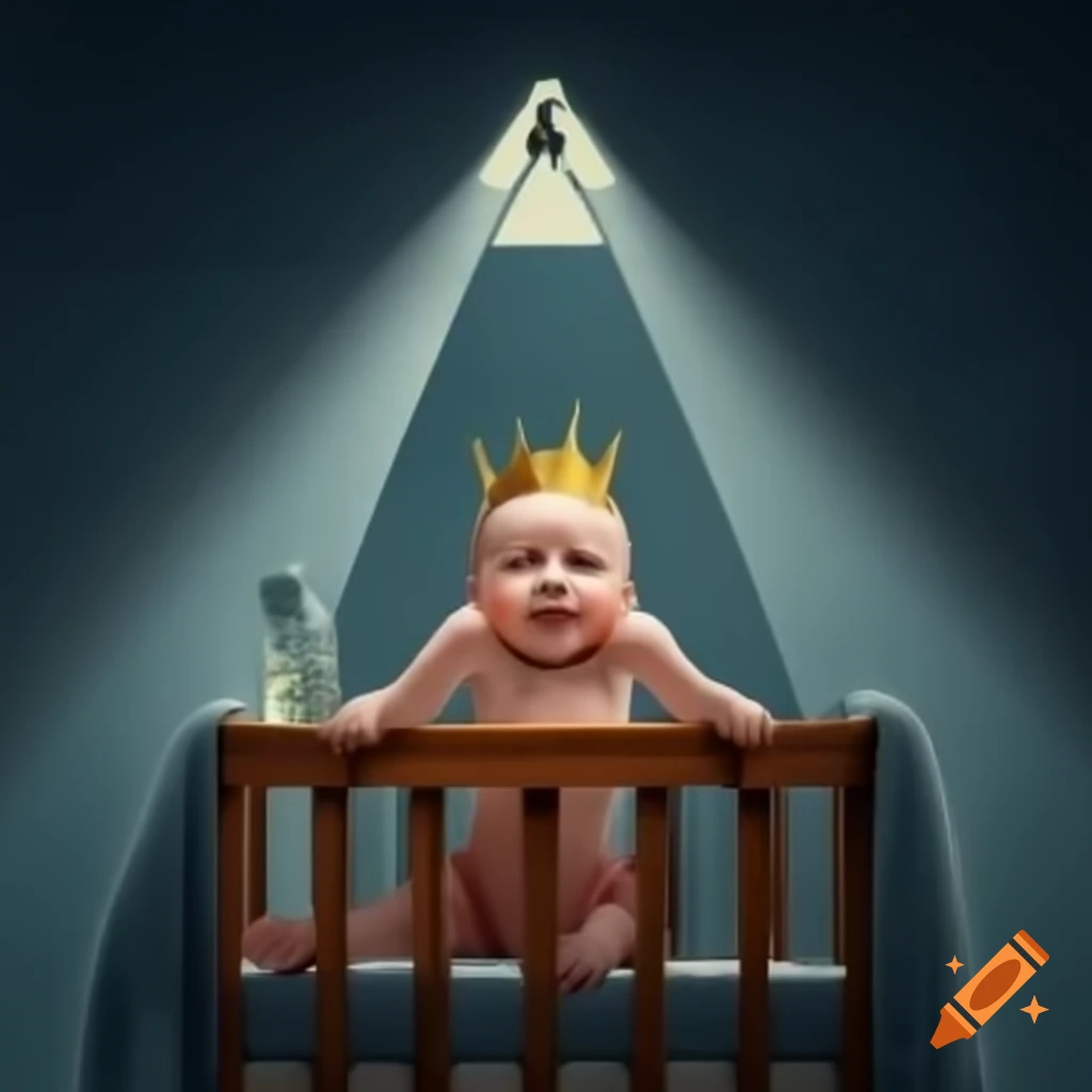 Baby in crown standing in crib on pyramid, crying and holding bottle on ...