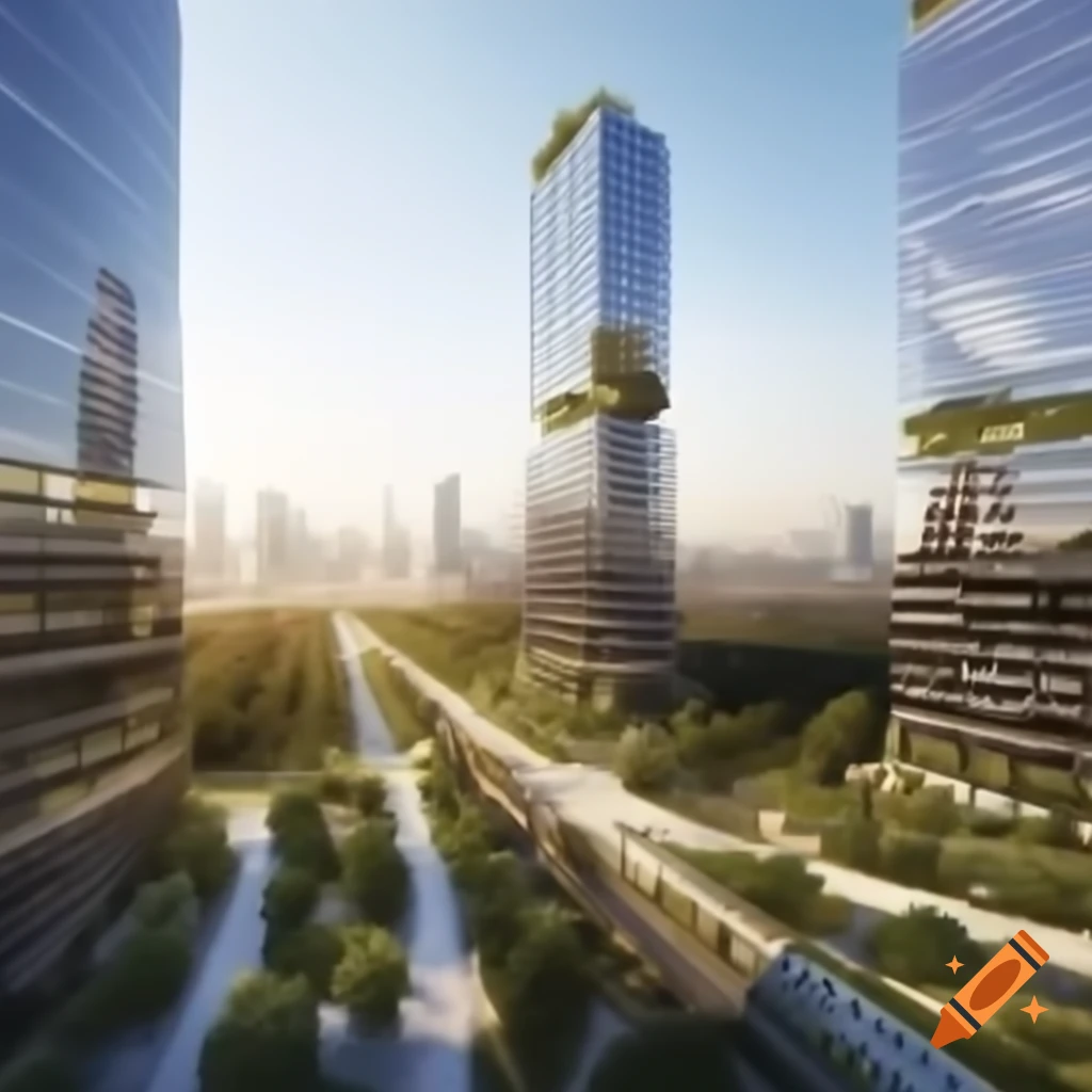 Futuristic cityscape with urban architecture and green elements on Craiyon