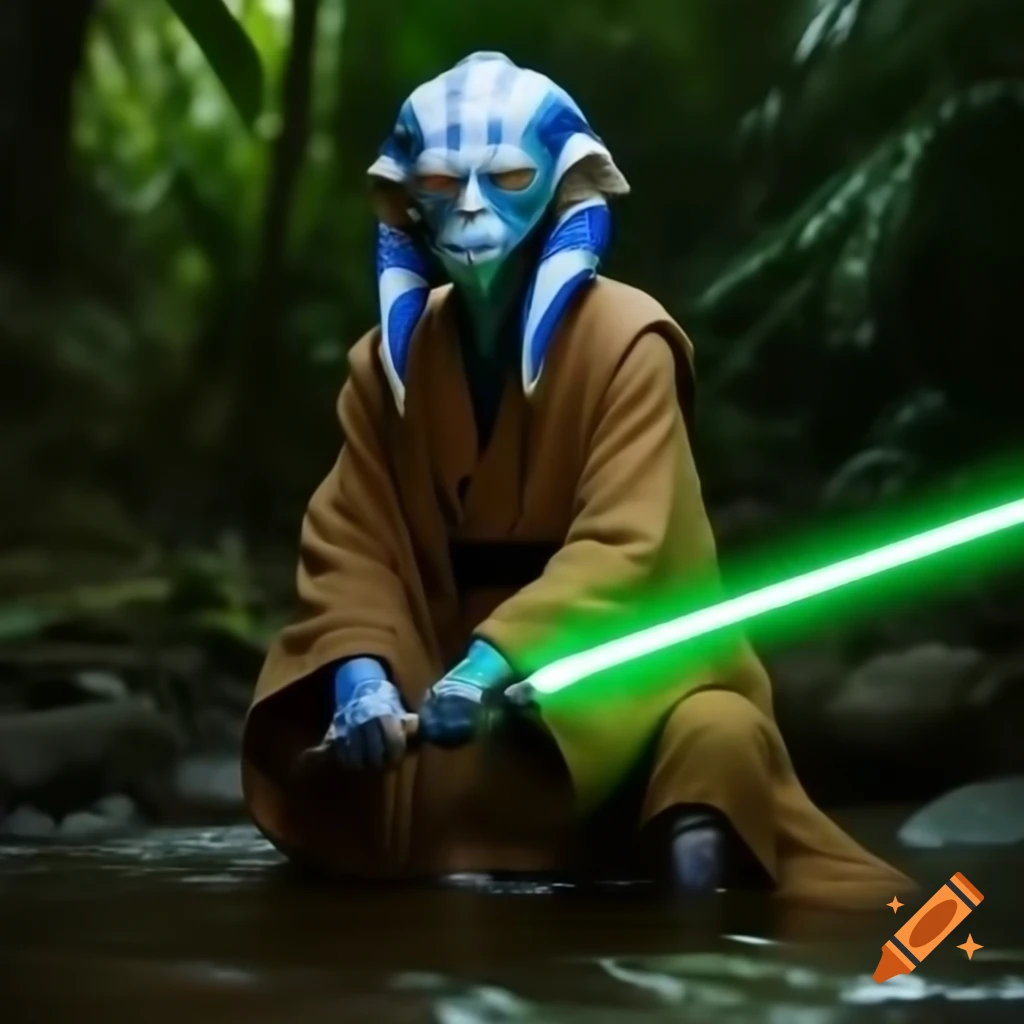 Togruta jedi standing in jungle by river, featuring blue-white montrals ...