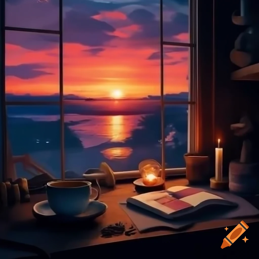 Cozy sunset scene with candles, book, and cup of tea or coffee in ultra ...
