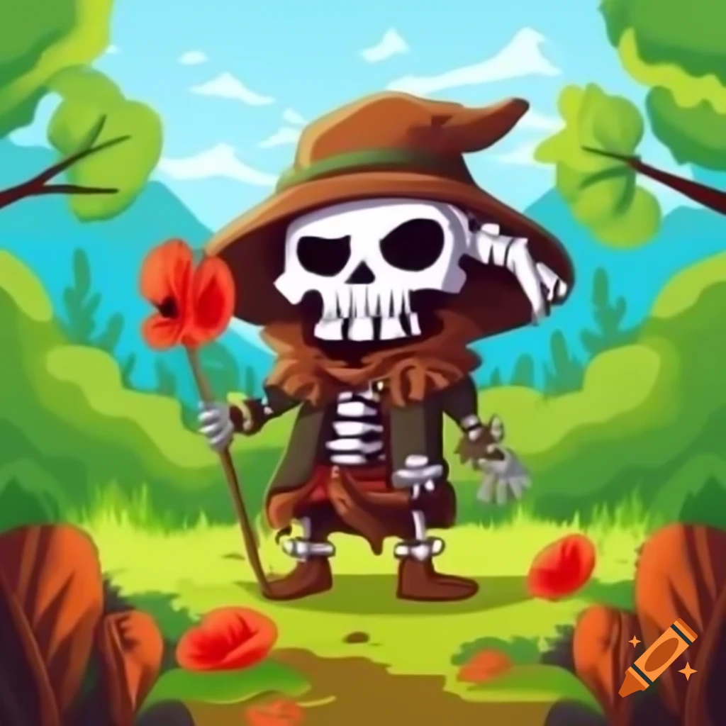 Skeleton druid shaman alchemist in nature with poppy flowers on Craiyon