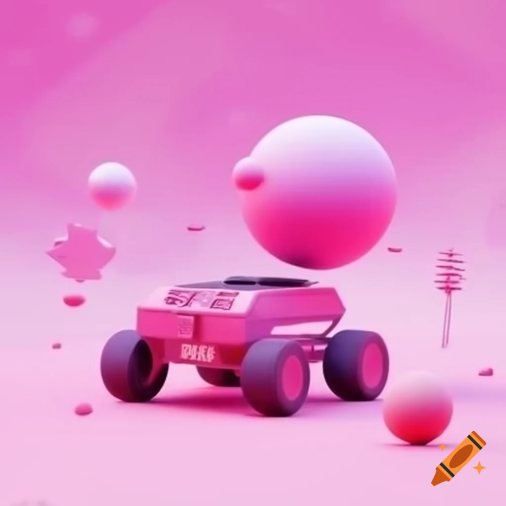 Pink space rover exploring extraterrestrial terrain on Craiyon