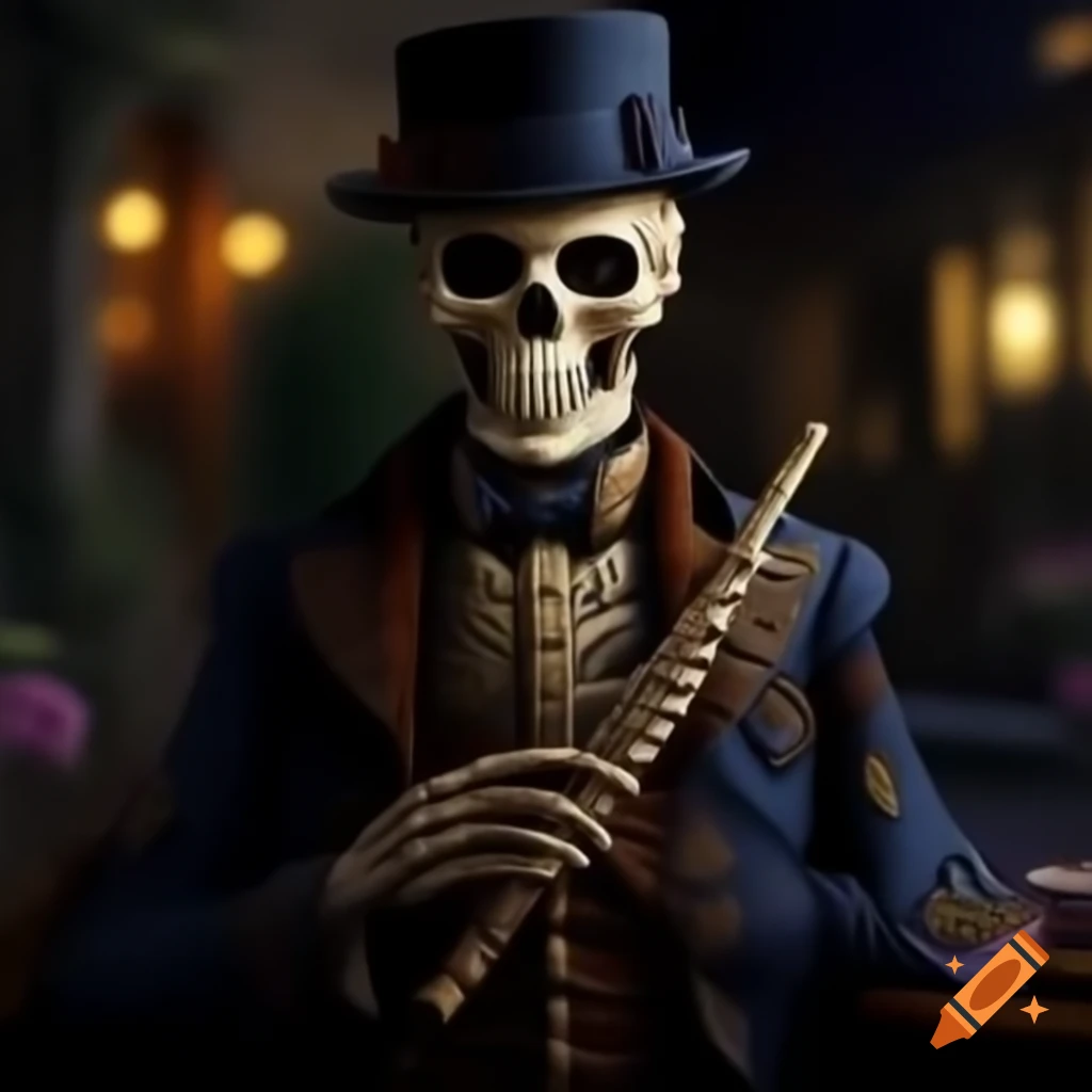 Dapper skeleton in embroidered waistcoat playing flute under moonlight ...