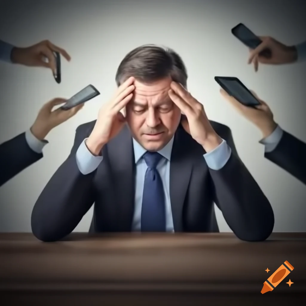 Frustrated businessman dealing with high call volume of customer ...