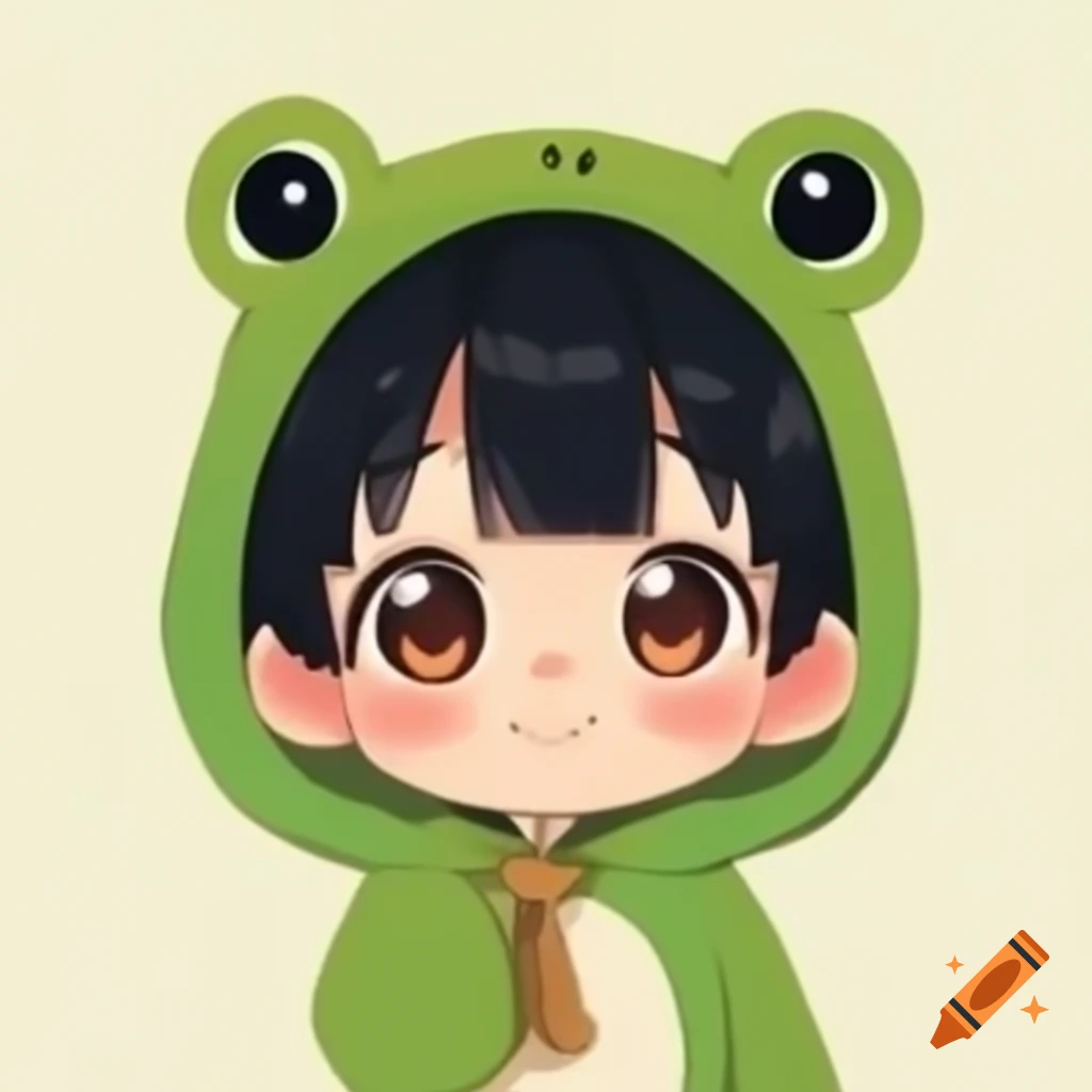 Chibi anime child wearing frog costume with black hair on Craiyon