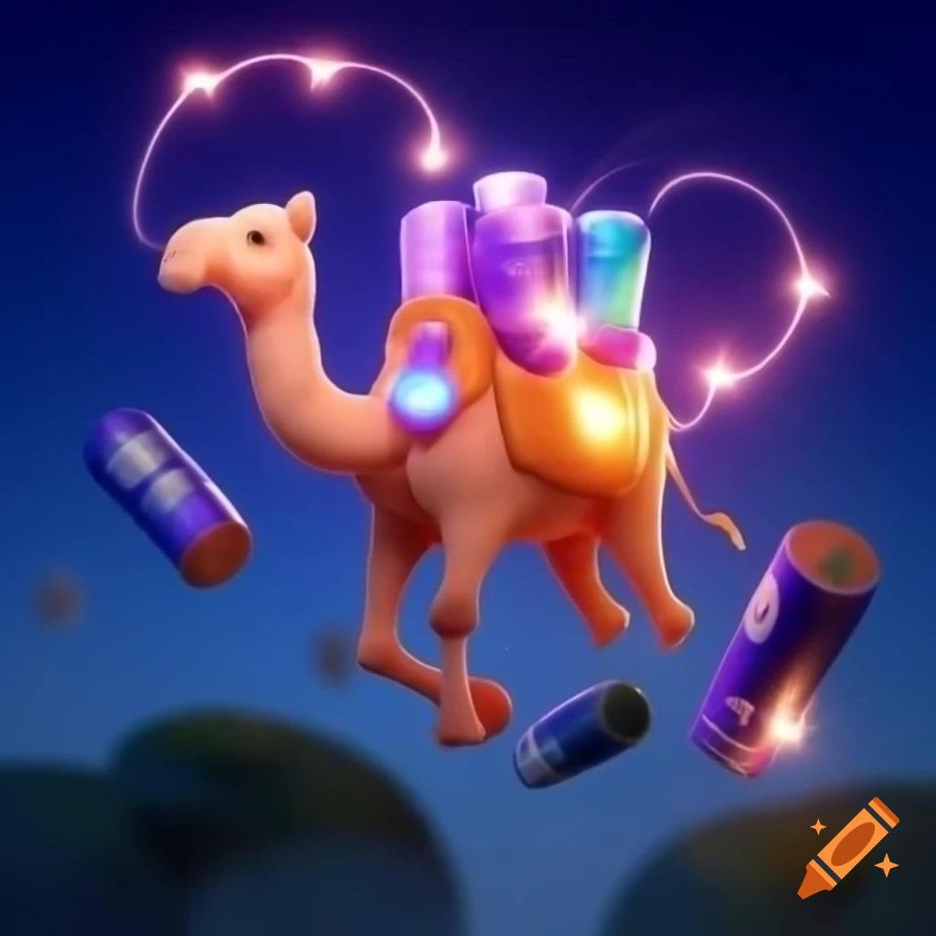 Whimsical camel flying in sky with glowing batteries, vibrant energy on Craiyon