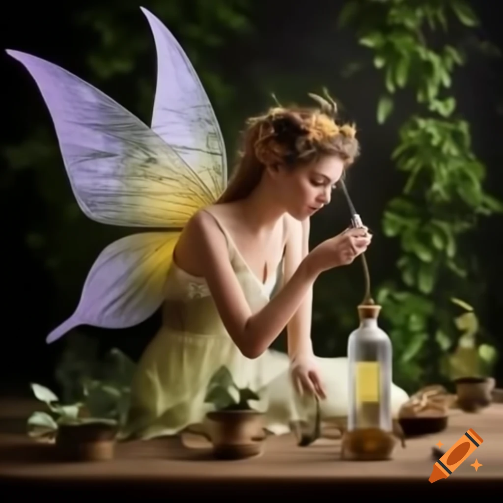 Fairy woman crafting essential oils in a mystical setting on Craiyon