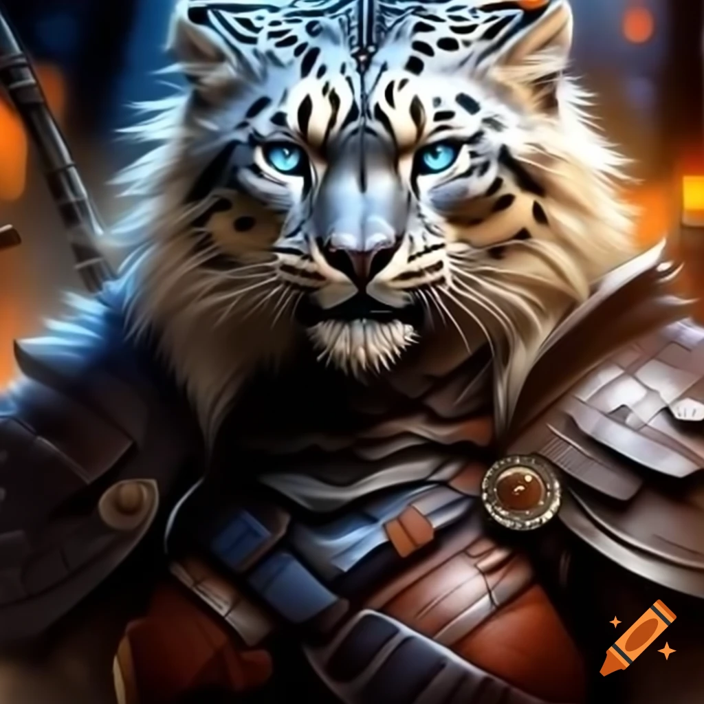 Strong female anthropomorphic snow leopard in leather barbarian armor ...