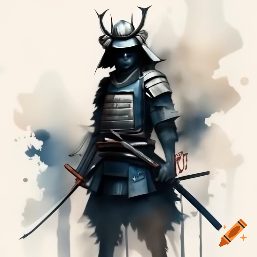 Shadowy samurai figure with wakizashi in blue robes and armor on Craiyon