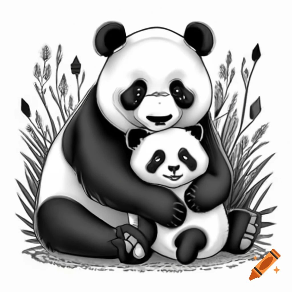 Adult panda hugging baby panda with bamboo background, 2d drawing style ...