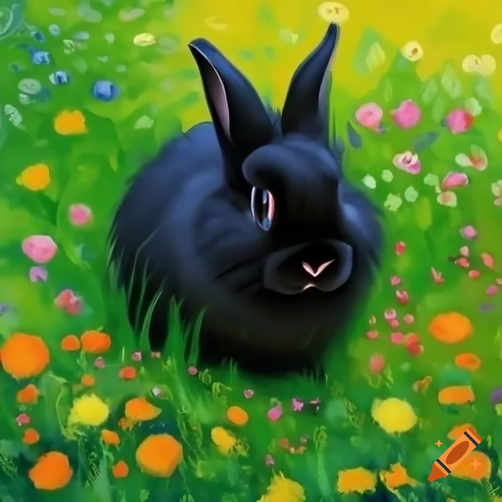 Fluffy black rabbit in a vibrant garden with colorful flowers, Van Gogh ...